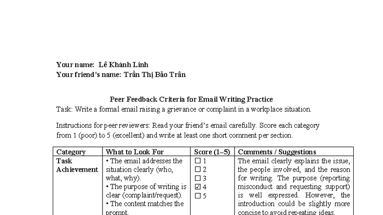Peer Feedback Criteria for Email Writing Practice (ENG 101) - Studocu