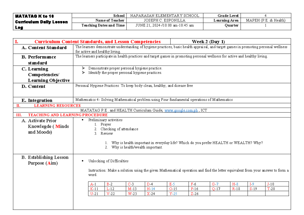 MATATAG K to 10 Curriculum Daily Lesson Log: MAPEH (P.E. Health) Week 2 ...