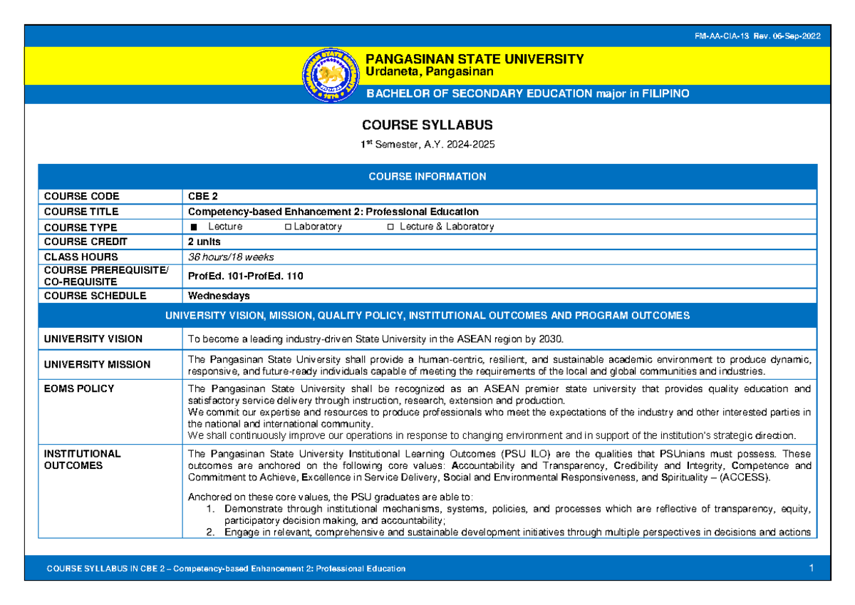 CBE 2 Syllabus: Competency-Based Enhancement for BSEd Filipino 2024-25 ...