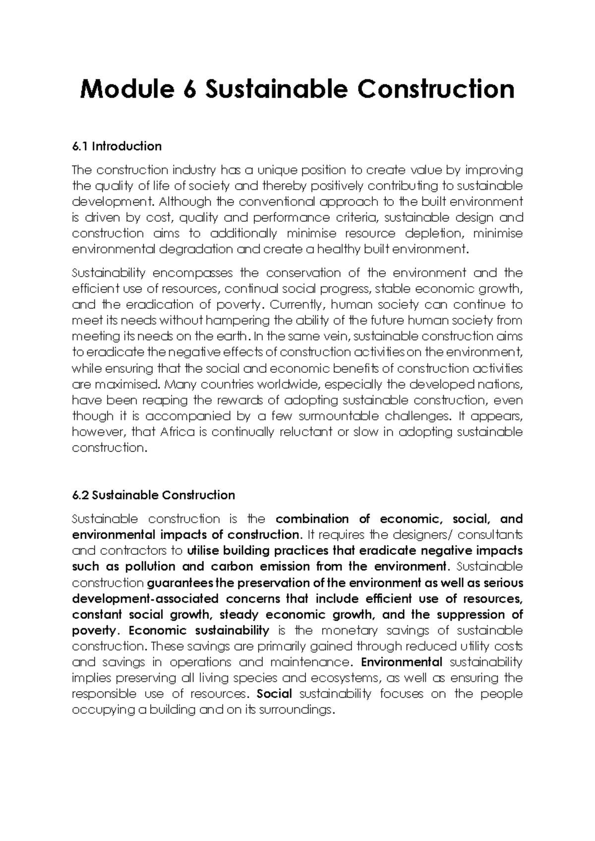 Module 6: Sustainable Construction Core Notes and Benefits Analysis ...