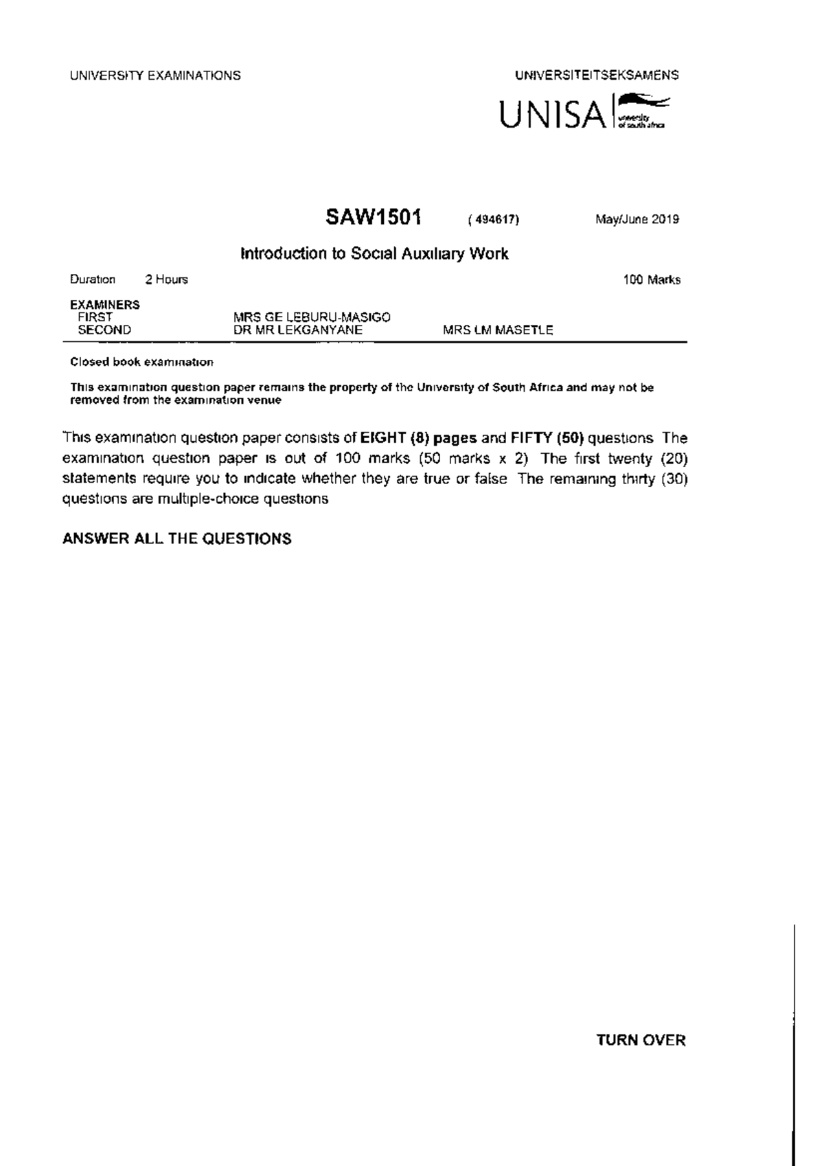 SAW1501-2019-6-E-1 - Past paper - UNIVERSITY EXAMINATIONS ...