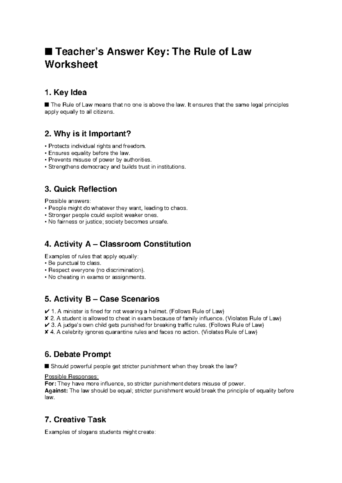 Rule of Law Worksheet 1: Answer Key & Key Concepts - Studocu