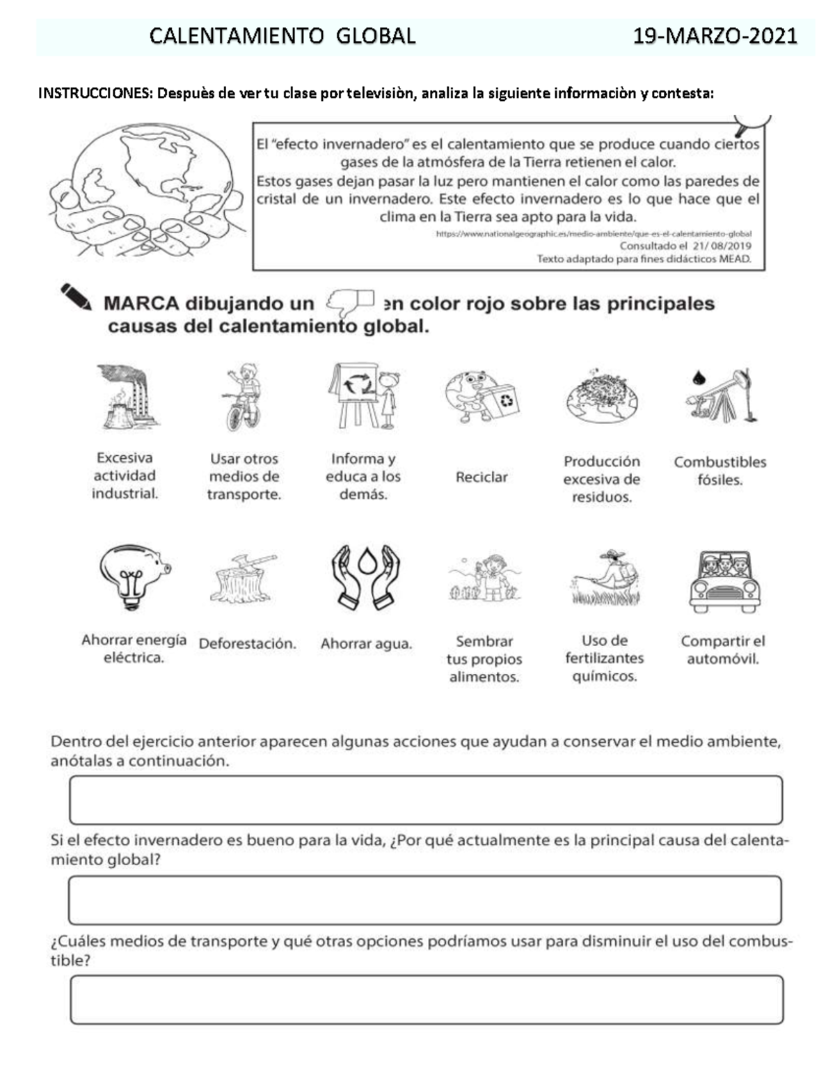 Calentamiento Global - ACTIVIDADES COMPLEMENTARIAS - Español ...