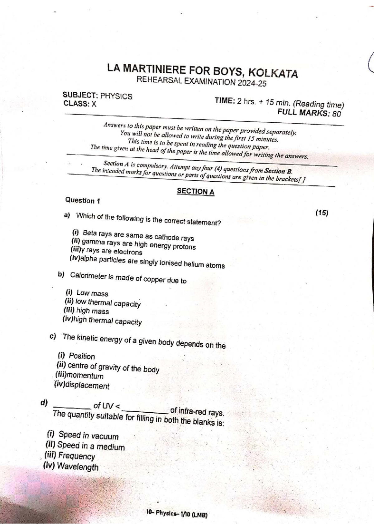 LMB- Class X Physics Rehearsal Exam Paper with Full Marks 80 - Studocu