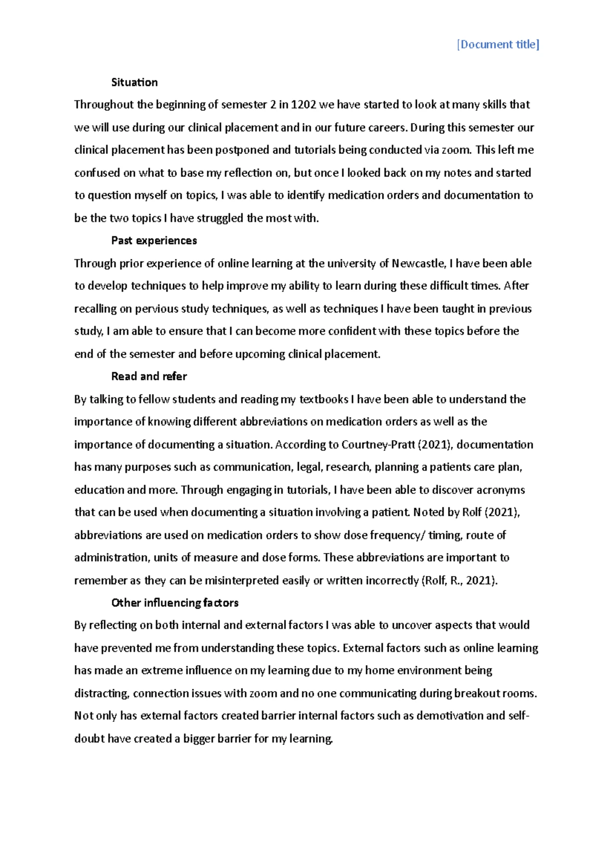 Sprout Assignment Reflection On Clinical Placement Rebecca Johns C Sprout Situation On