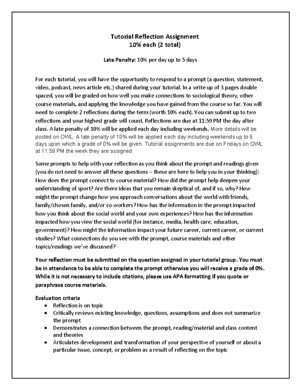 KIN2250 - Tutorial Reflection Assignment Guidelines and Tips - Studocu