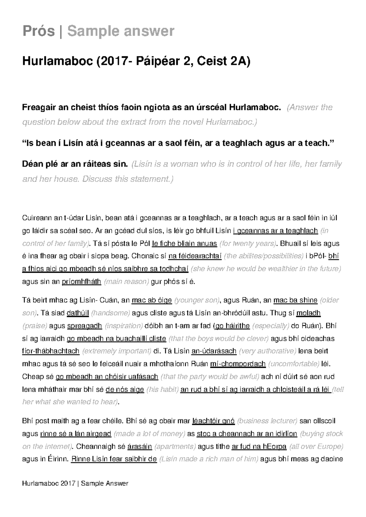 Freagra Samplach Hurlamaboc - Hurlamaboc 2017 | Sample Answer Prós ...