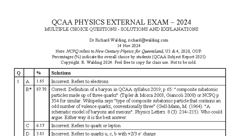 2024 QCAA PHYSICS EA Paper 1 MCQ Solutions by Dr. Richard Walding - Studocu