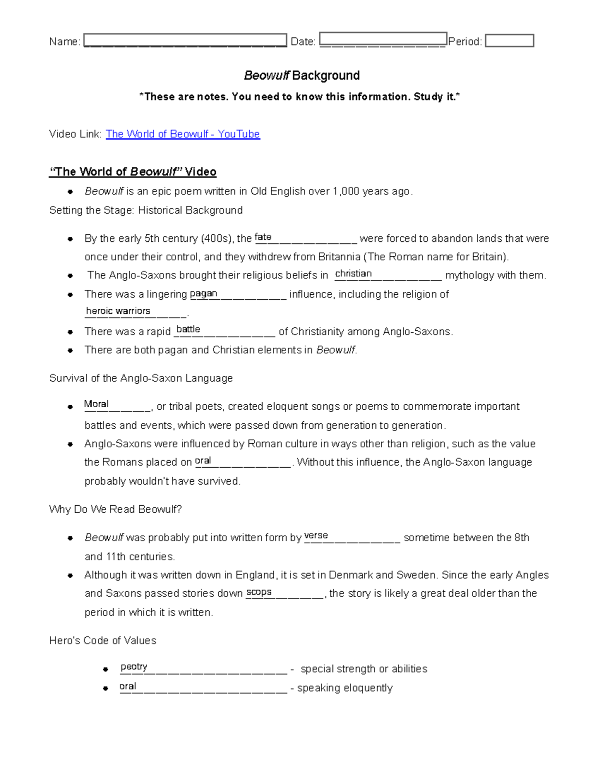 Beowulf Digitized Fill in the Blank Background Notes - Name