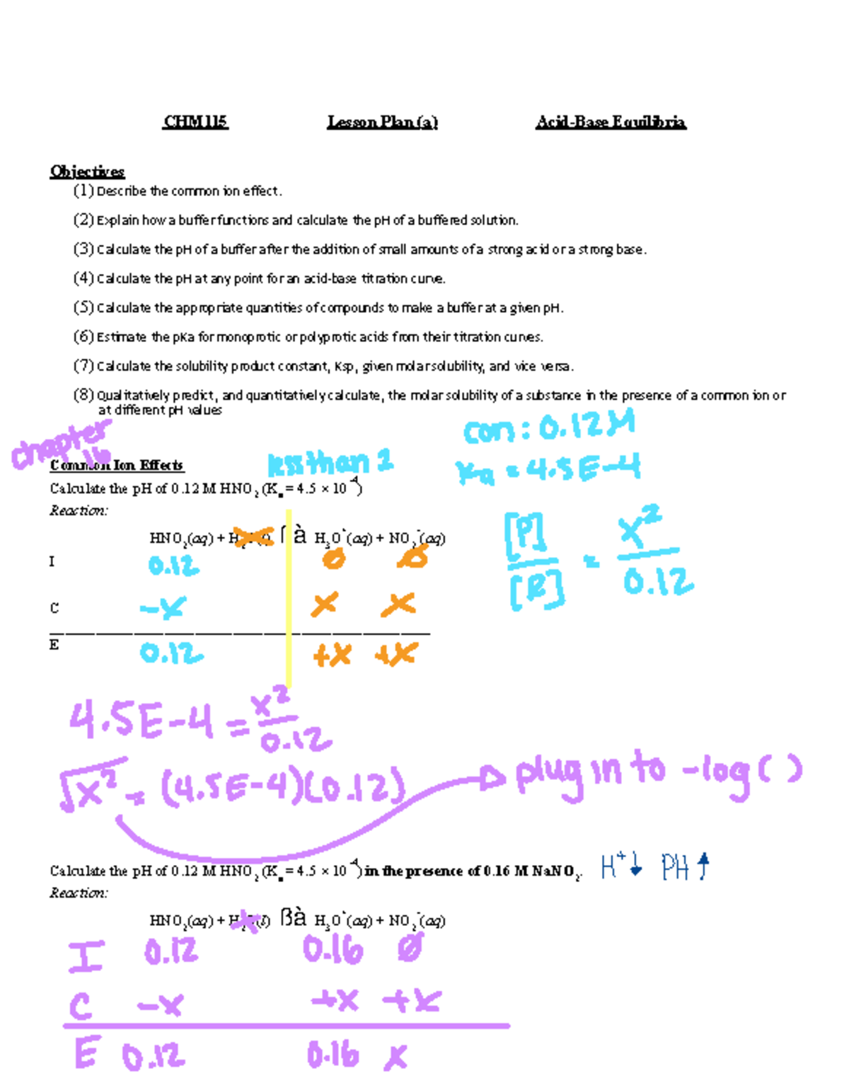 CHM115 Lesson Plan: Acid-Base Equilibria Overview and Key Concepts ...