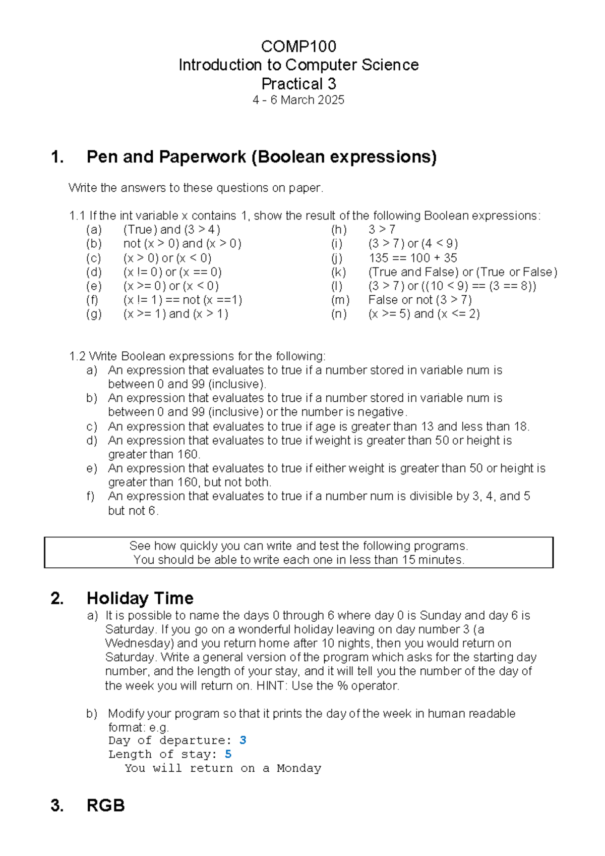 COMP100 Practical 3: Boolean Expressions and Programming Tasks - Studocu