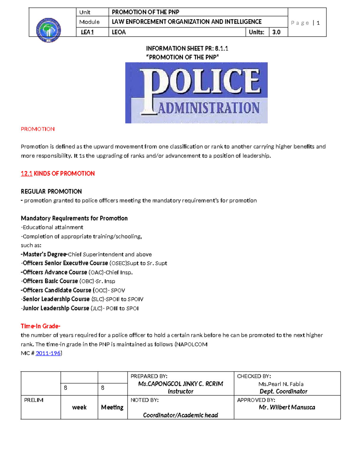 LEA1 Module 8: Promotion in the PNP - Law Enforcement Insights - Studocu
