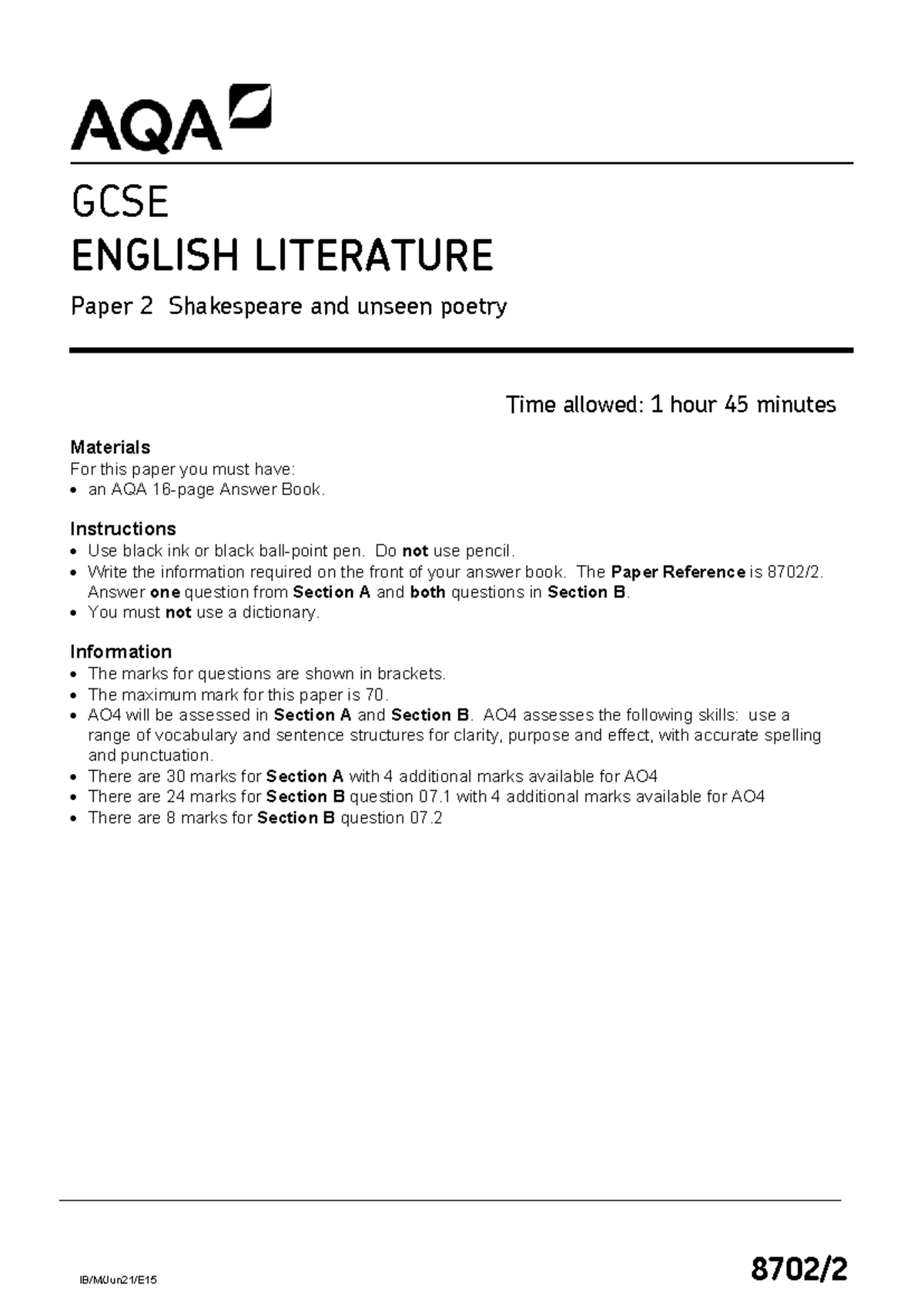 GCSE ENGLISH LITERATURE Paper 2: Shakespeare & Unseen Poetry Exam Guide ...