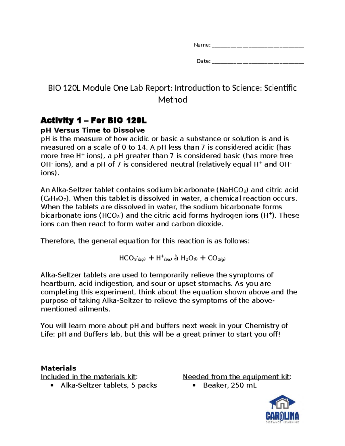 BIO 120L Module One Lab Report: Scientific Method & pH Experiment - Studocu