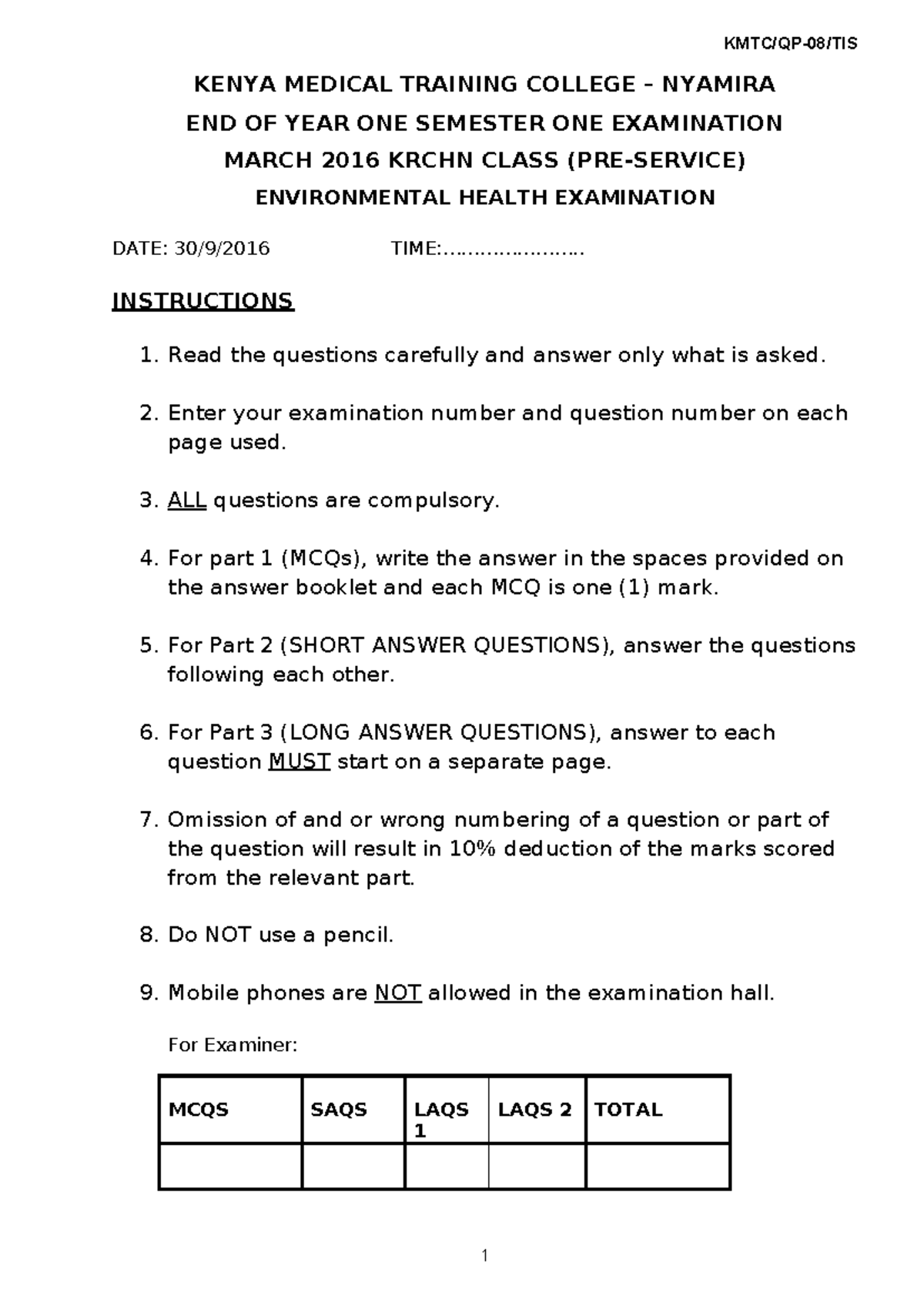 KENYA MEDICAL TRAINING COLLEGE KRCHN YEAR 1 SEM 1 ENVIRONMENTAL HEALTH ...