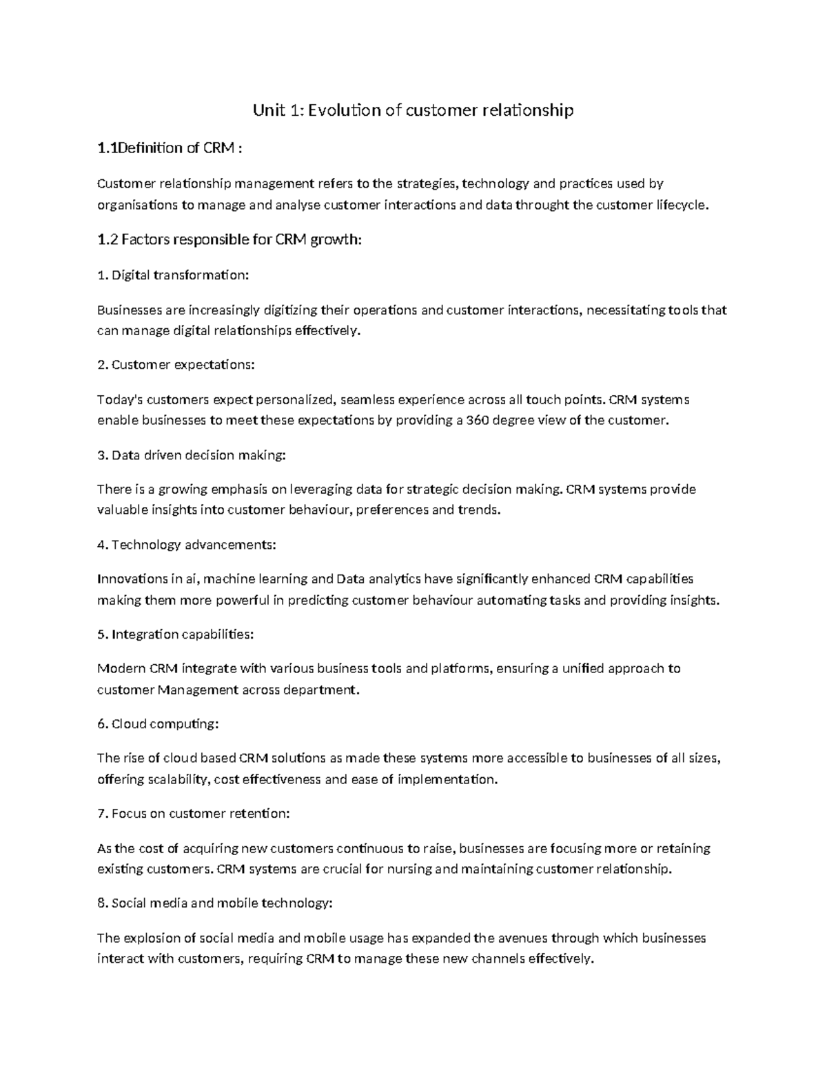 CRM UNIT 1: Comprehensive Notes on Customer Relationship Evolution ...