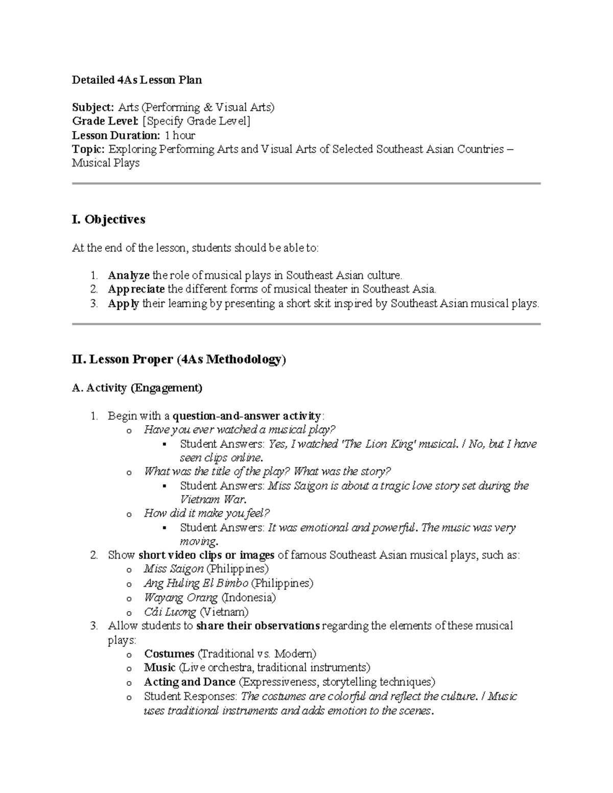 Lesson PLAN Mapeh Musical Plays - Detailed 4As Lesson Plan Subject ...