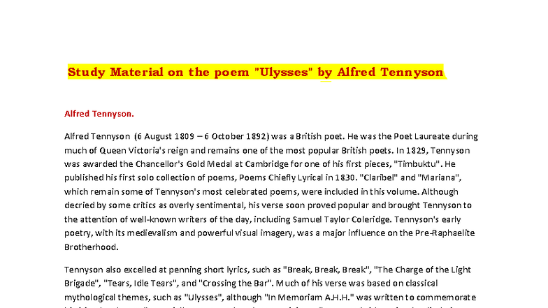 Ulysses by Alfred Tennyson: Study Material, CC5, 3rd Sem, English ...