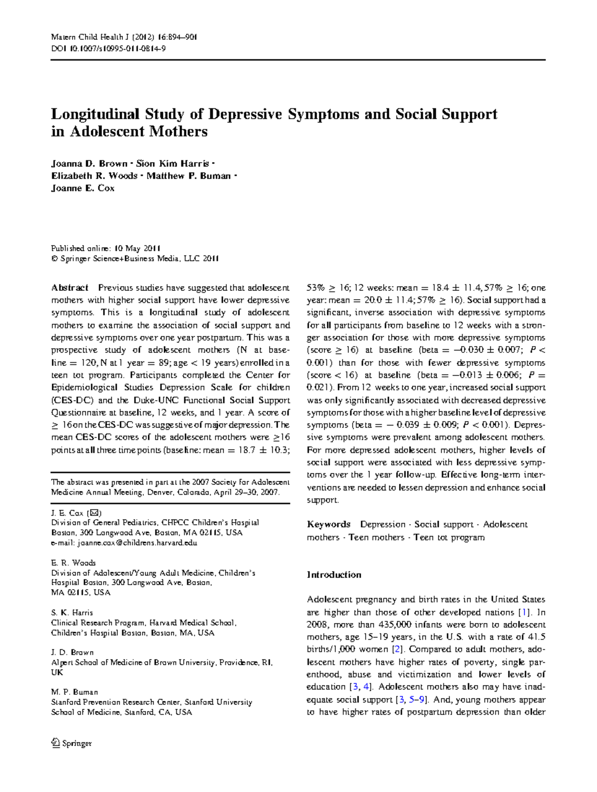 Longitudinal Study of Depression & Social Support in Adolescent Mothers ...