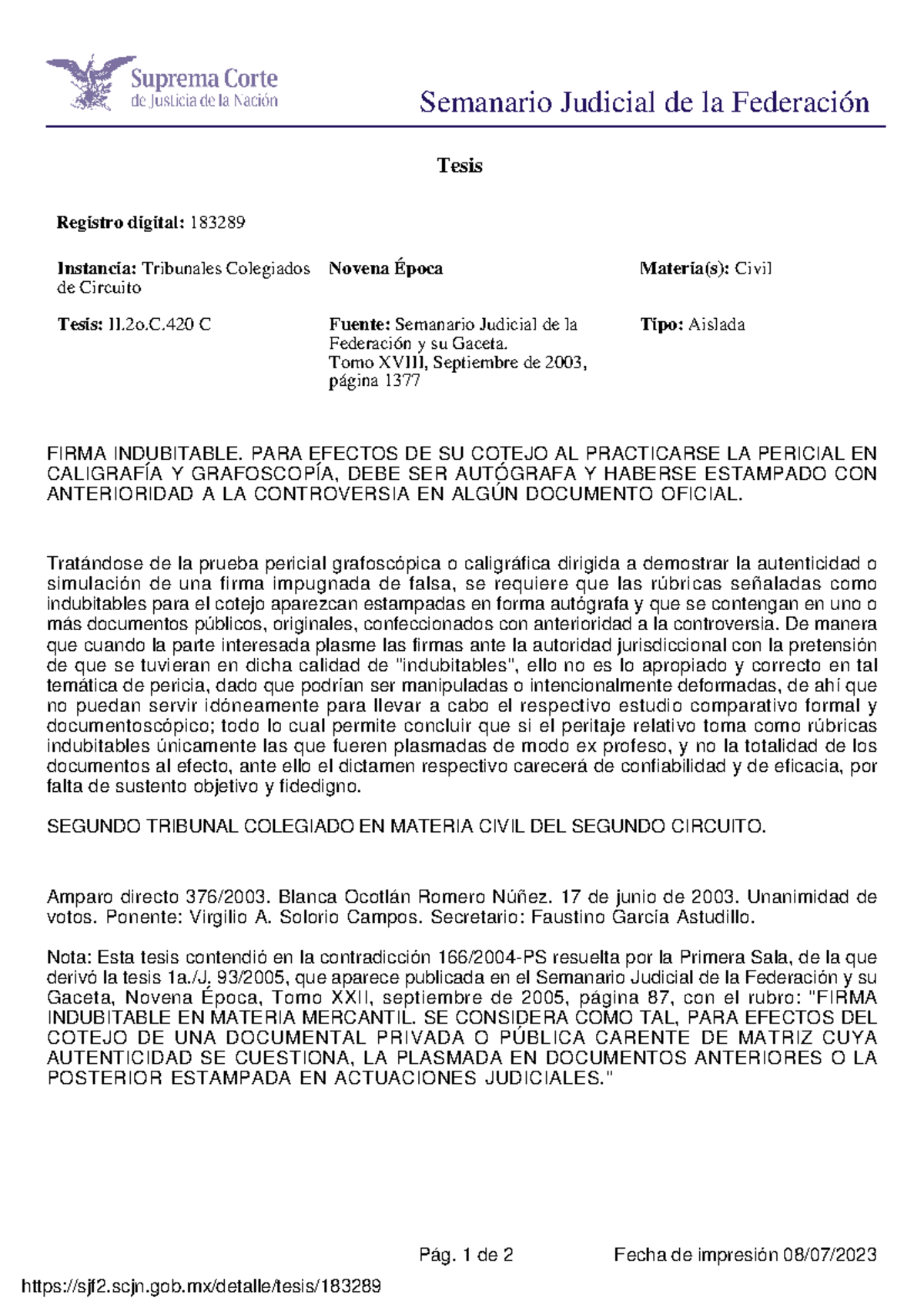 Tesis 183289 sobre FIRMA INDUBITABLE en Pericias Caligráficas - Studocu