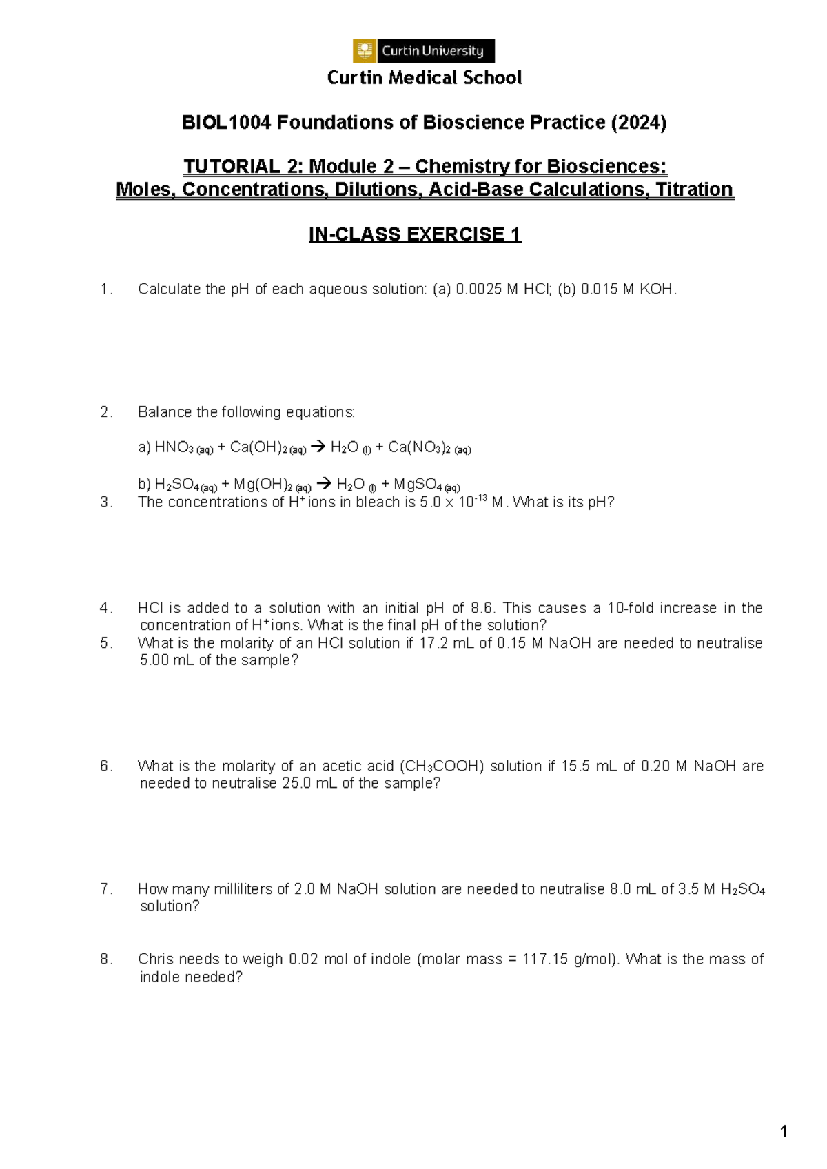 BIOL1004 Foundations of Bioscience Practice TUTORIAL 2: Chemistry ...