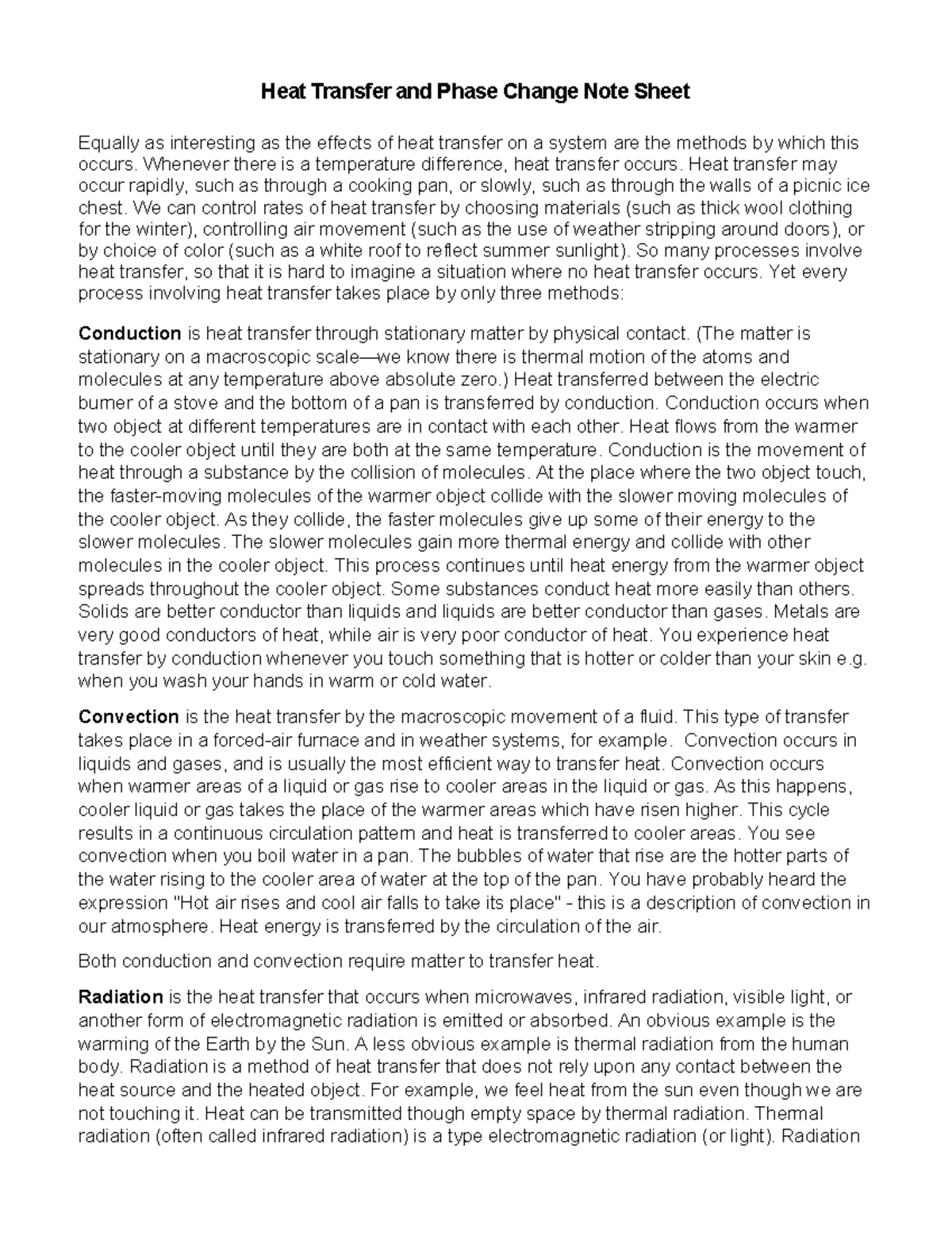 Heat Transfer and Phase Change Processes Note Sheet - Studocu