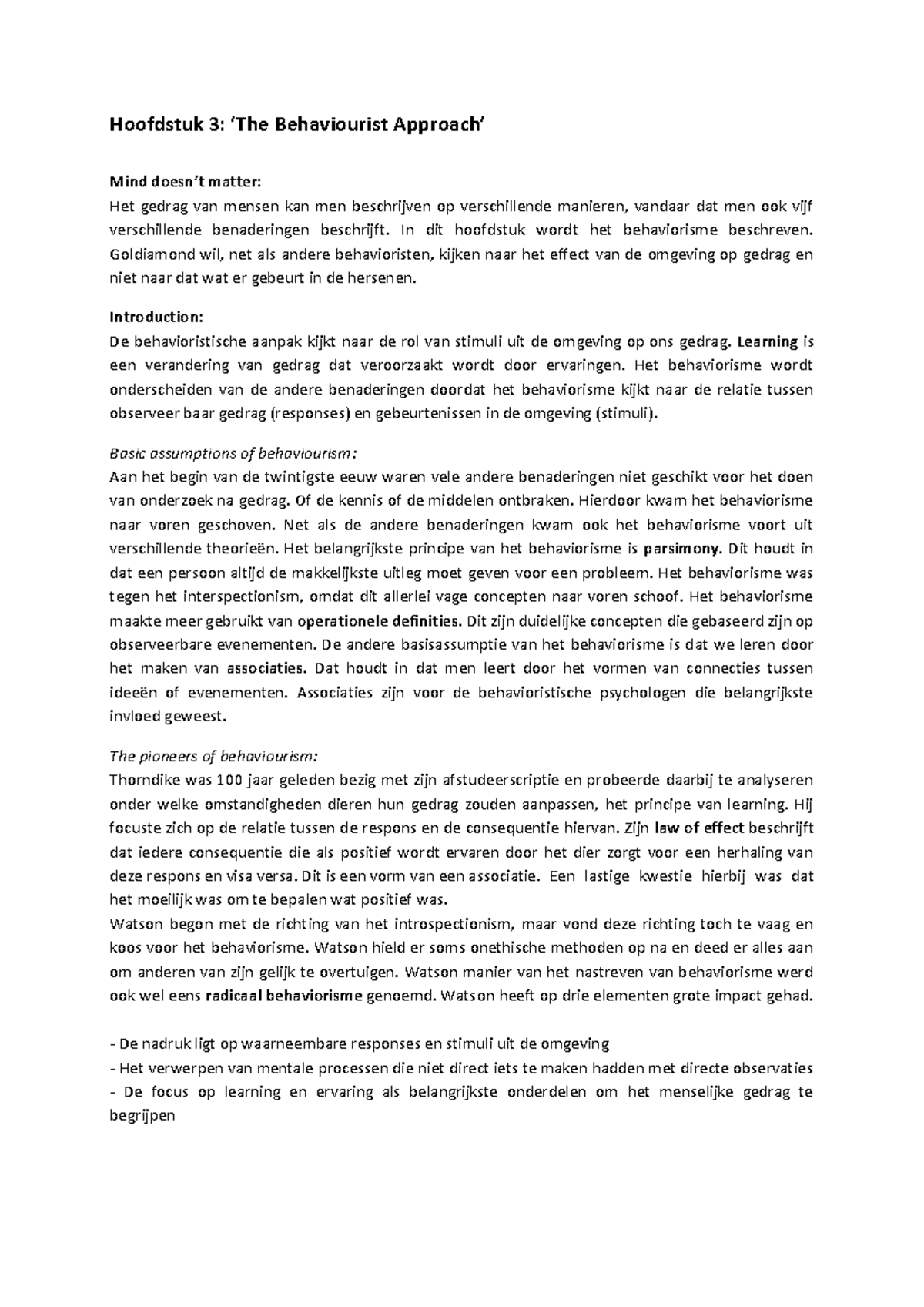 Samenvatting Hoofdstuk 3: Gedragswetenschappen en het Behaviorisme ...
