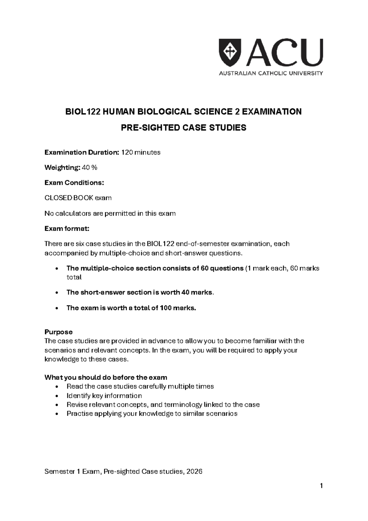 BIOL122 Human Biological Science 2 Exam Case Studies - Studocu