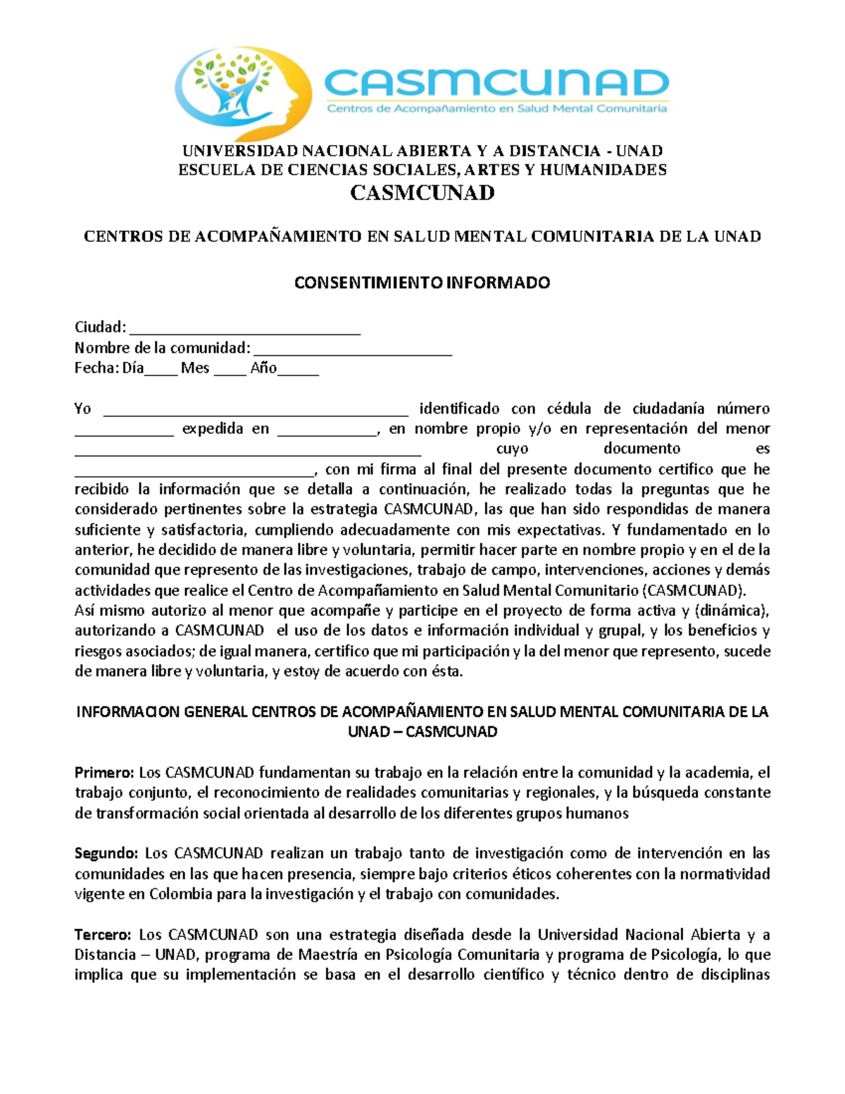 Consentimiento Informado Casmcunad - UNIVERSIDAD NACIONAL ABIERTA Y A DISTANCIA - UNAD ESCUELA ...