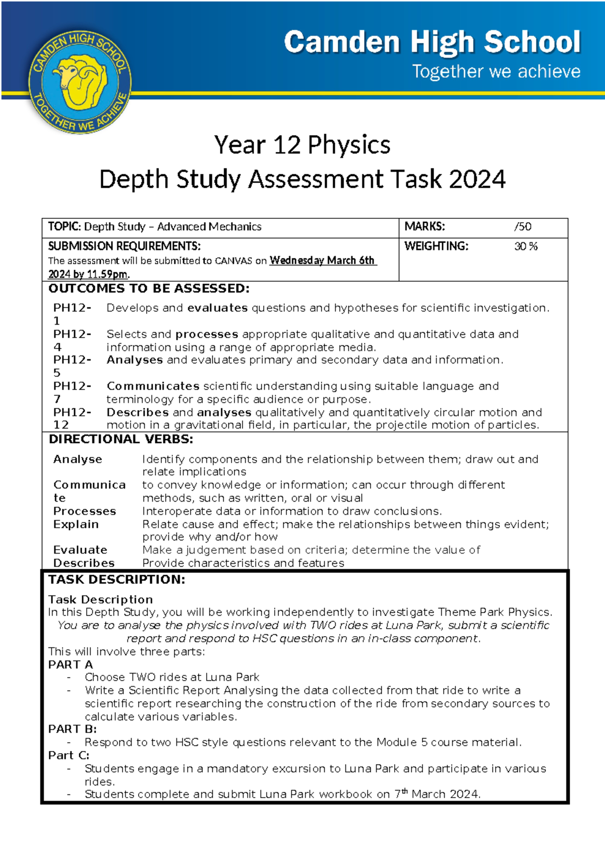 Year 12 Physics - Depth Study Assessment Task on Theme Park Physics ...