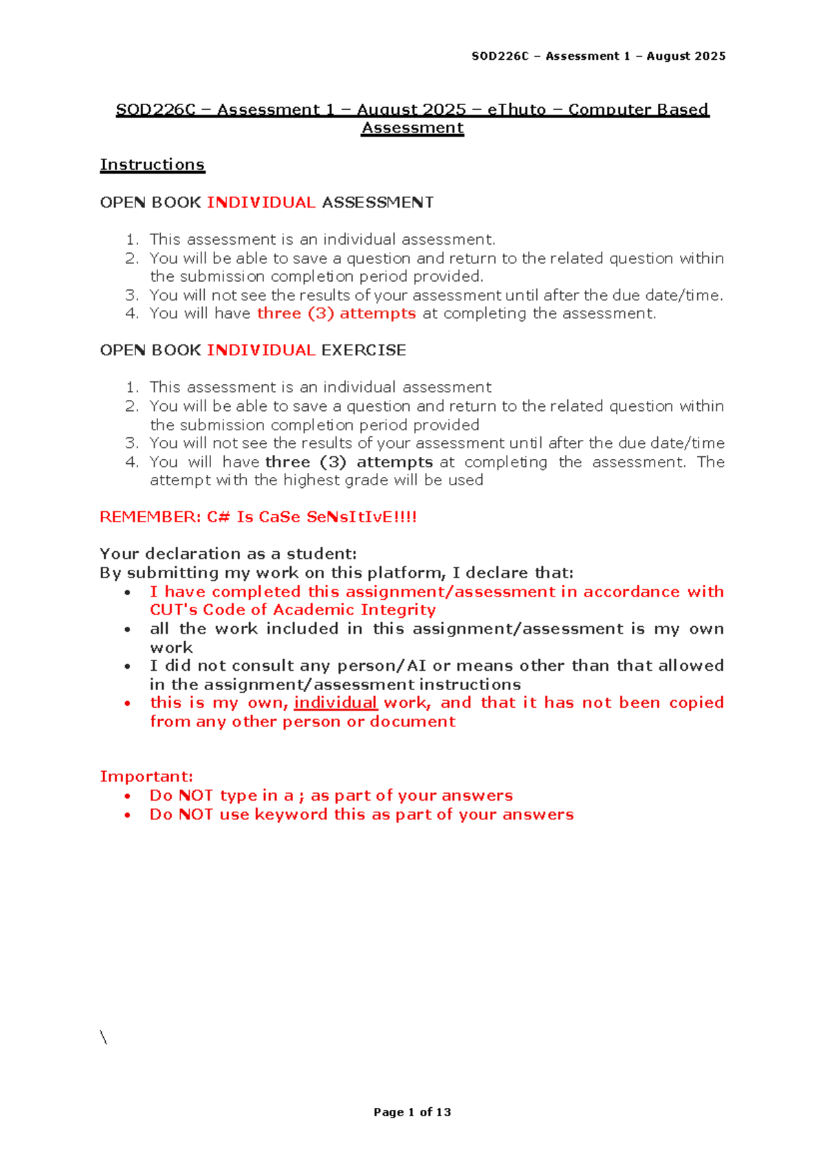 2025 SOD226C Open Book Assessment 1 Instructions and Guidelines - Studocu
