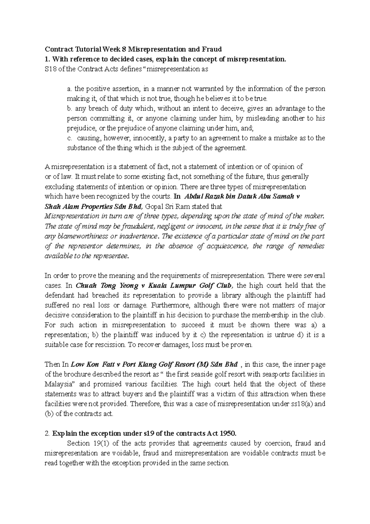 Contract Tutorial W8: Misrepresentation, Fraud & Exceptions Explained ...