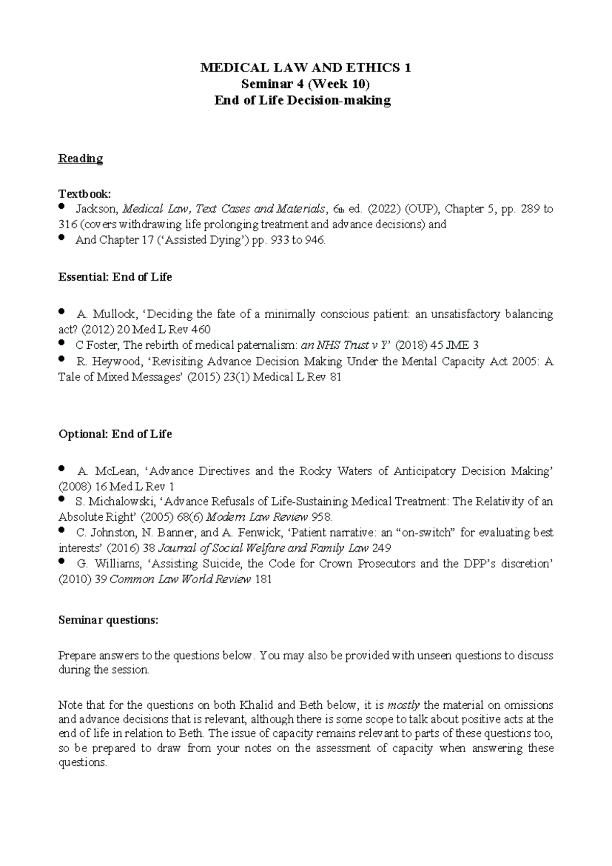 Medical Law Seminar 4: End of Life Decision-Making Insights - Studocu