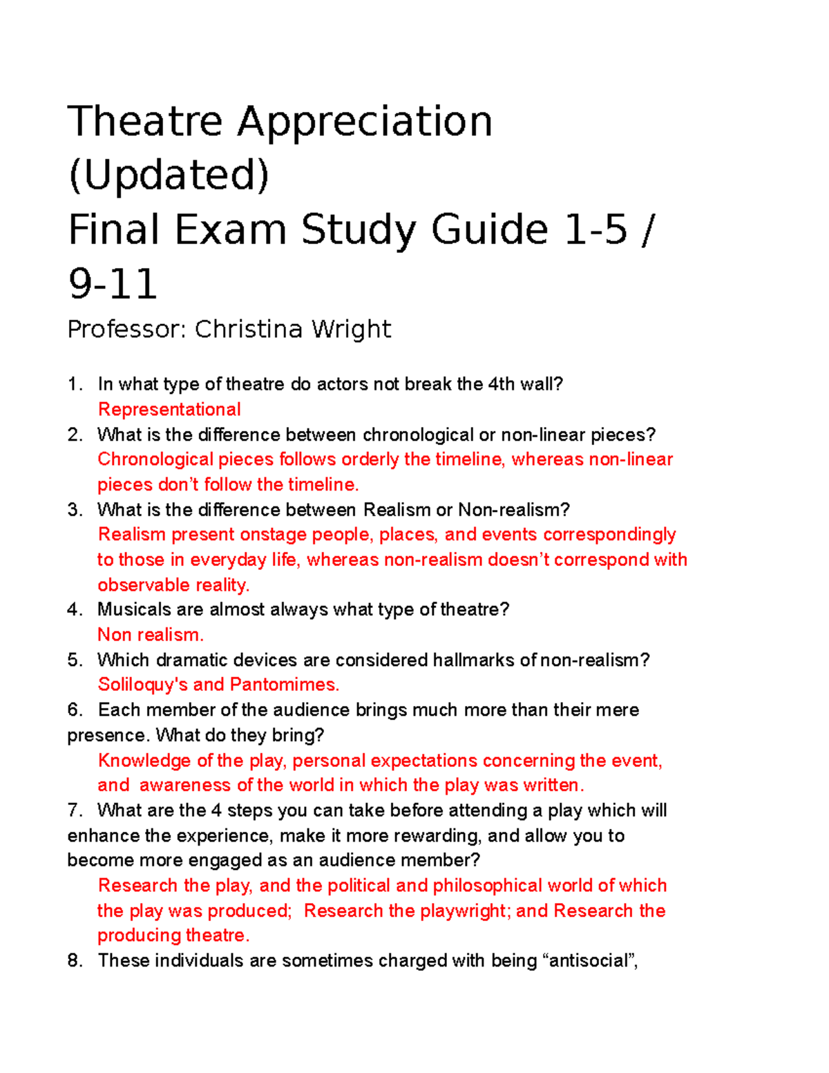 Theatre Appreciation Final Exam Study Guide (Prof. Wright) - Studocu