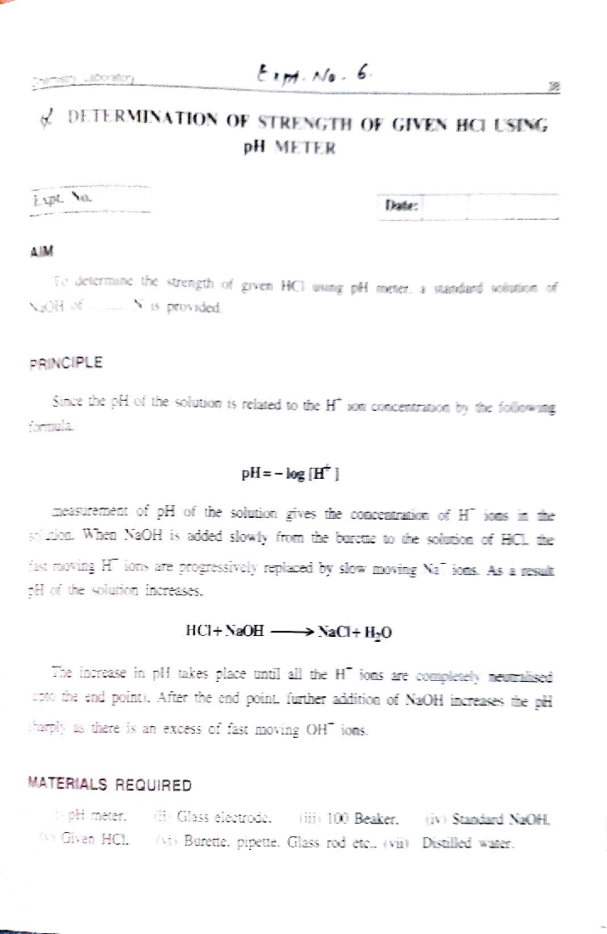 Chemistry Lab Expt. No. 6: Determining HCl Strength Using pH Meter ...