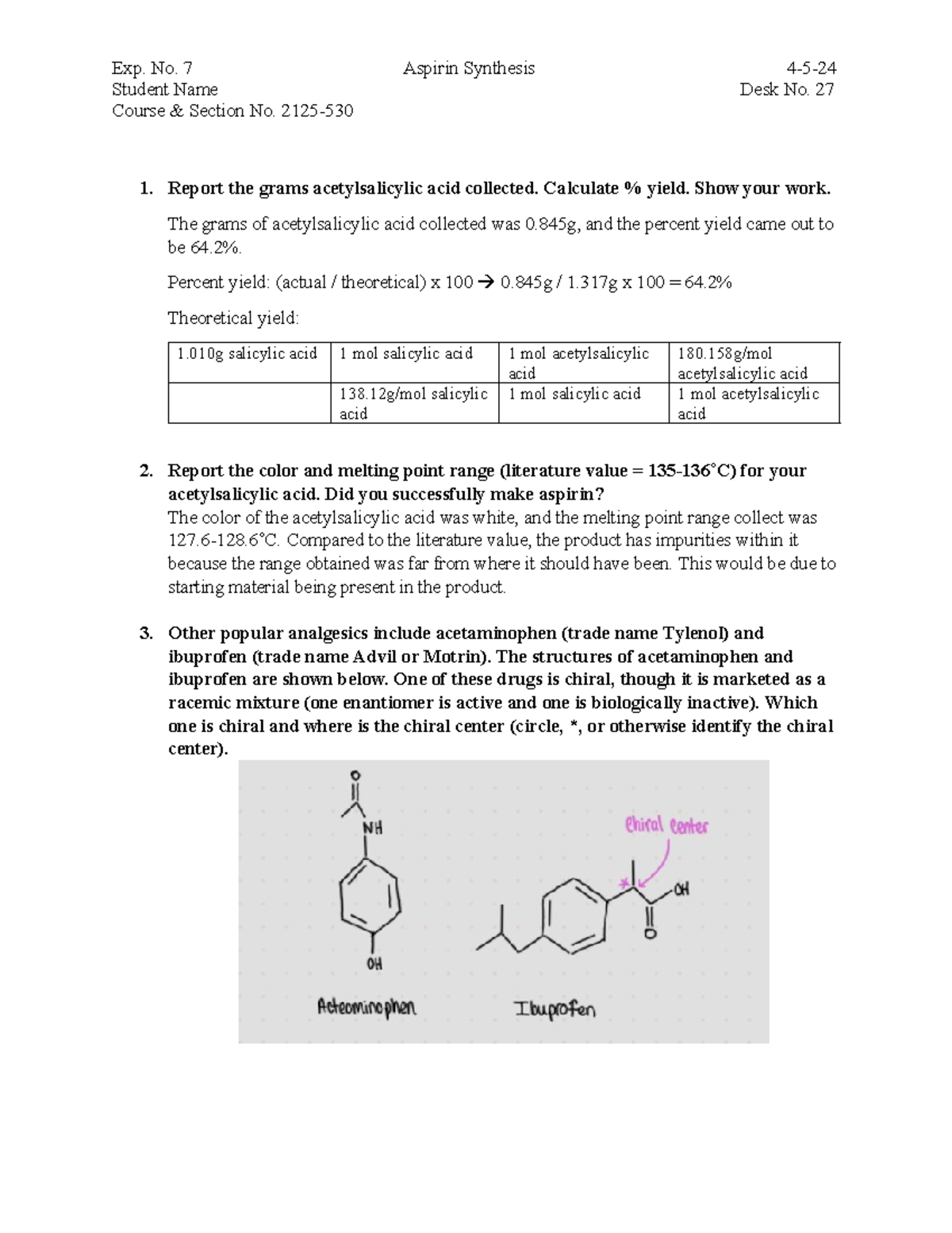 Aspirin Synthesis Post Lab Report - Course 2125 - Studocu