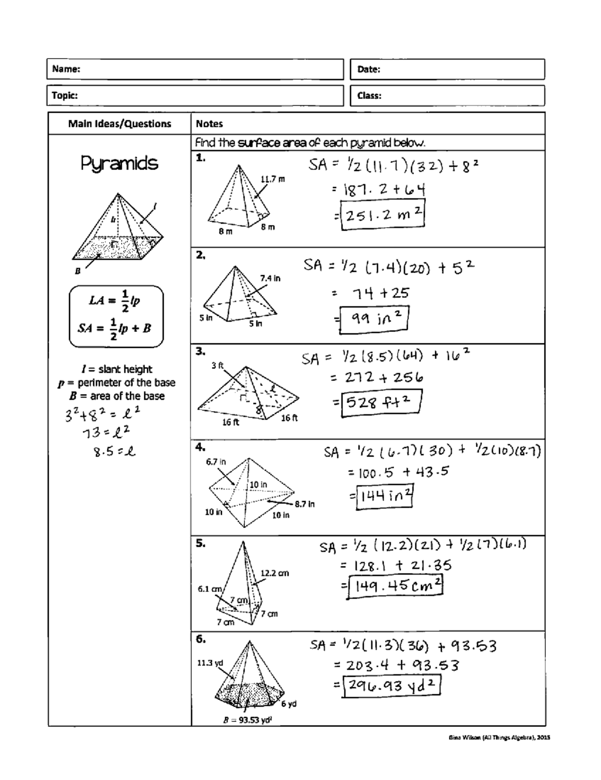 MATH 13.4 Surface Area of Pyramids and Cones - Key Notes - Studocu