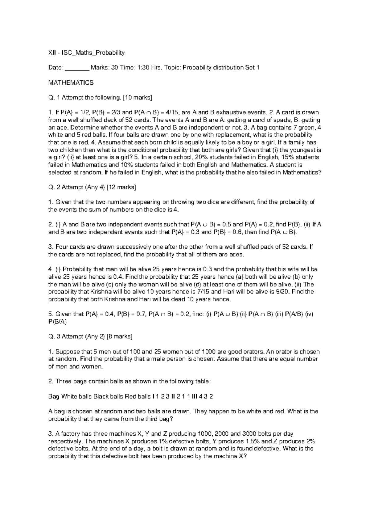XII ISC_Maths_Probability Distribution Set 1 - Exam Questions - Studocu