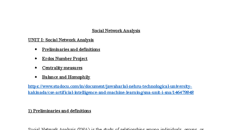 Social Network Analysis (SNA) UNIT I: Key Concepts and Models - Studocu