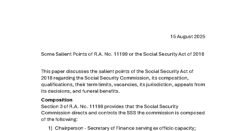 RA 11199 - Key Points of the Social Security Act of 2018 - Studocu