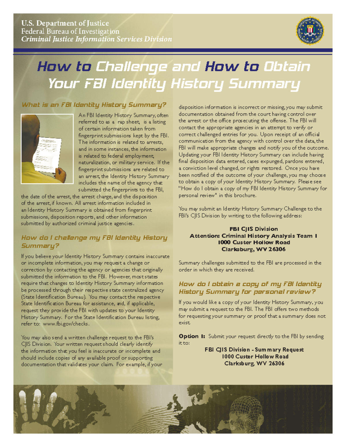 FBI Challenge of Record Brochure - U. Department of Justice Federal ...