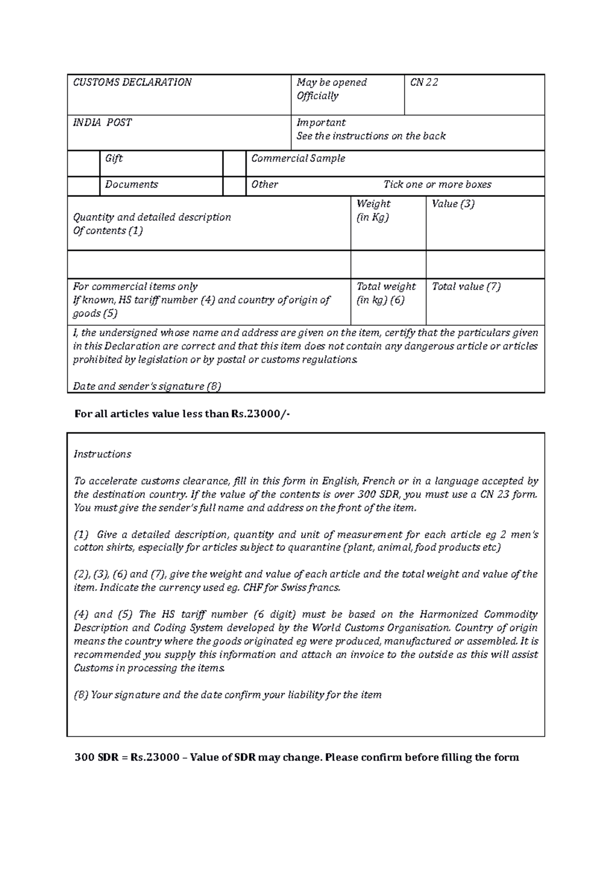 CN 22 Customs Declaration Form Instructions and Guidelines - Studocu
