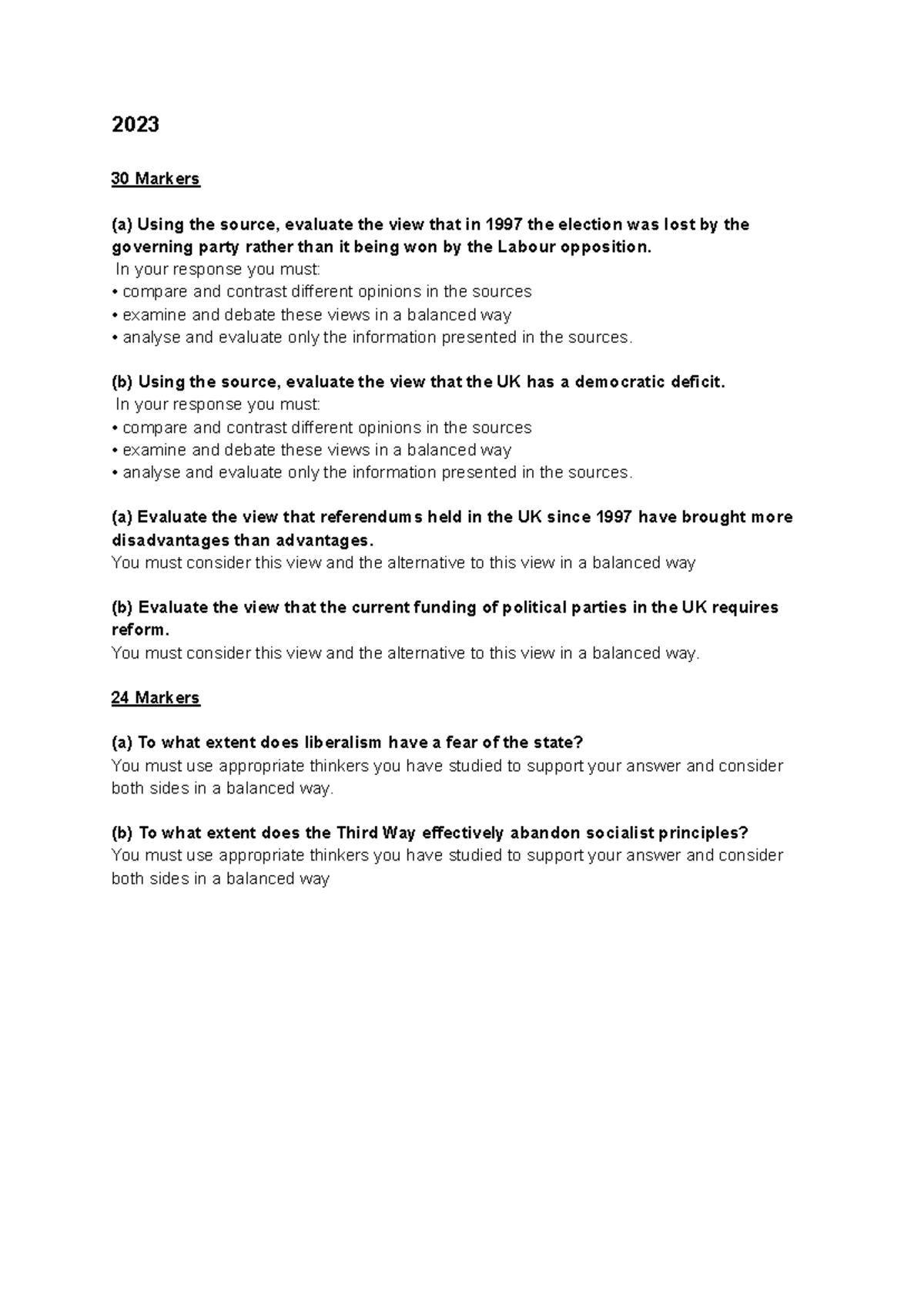 Politics Past Paper Questions (Paper 1): 30 & 24 Markers Analysis - Studocu