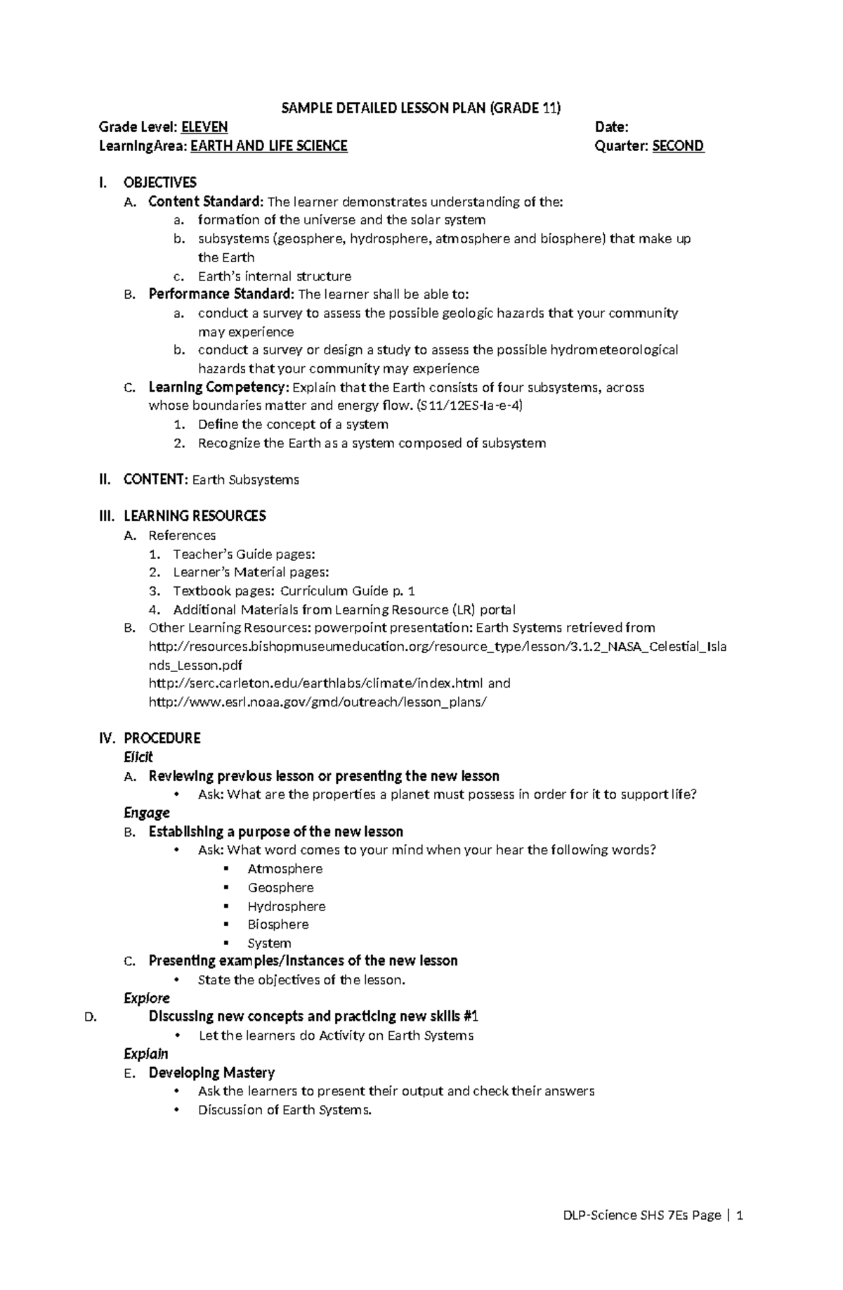 Detailed Lesson Plan for Grade 11 Earth and Life Science (DLP-Science ...