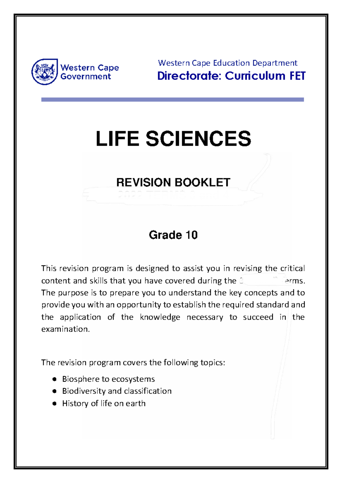 Life Sciences Grade 10 Revision Booklet 2022: Terms 3 & 4 - Studocu