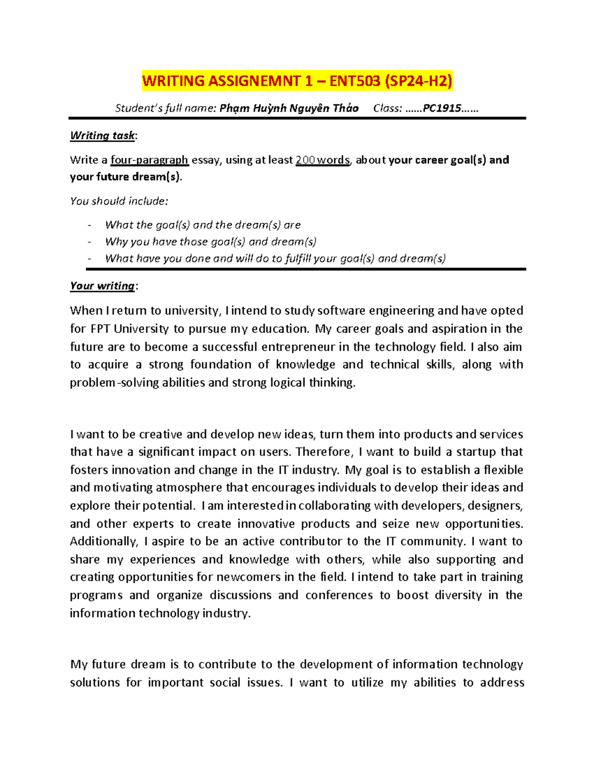 ENT503 Writing Assignment 1: Career Goals and Future Aspirations - Studocu