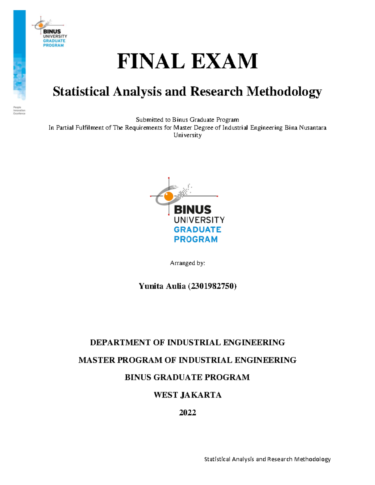 Final Exam: Statistical Analysis & Research Methodology (IE 2301982750) - Studocu