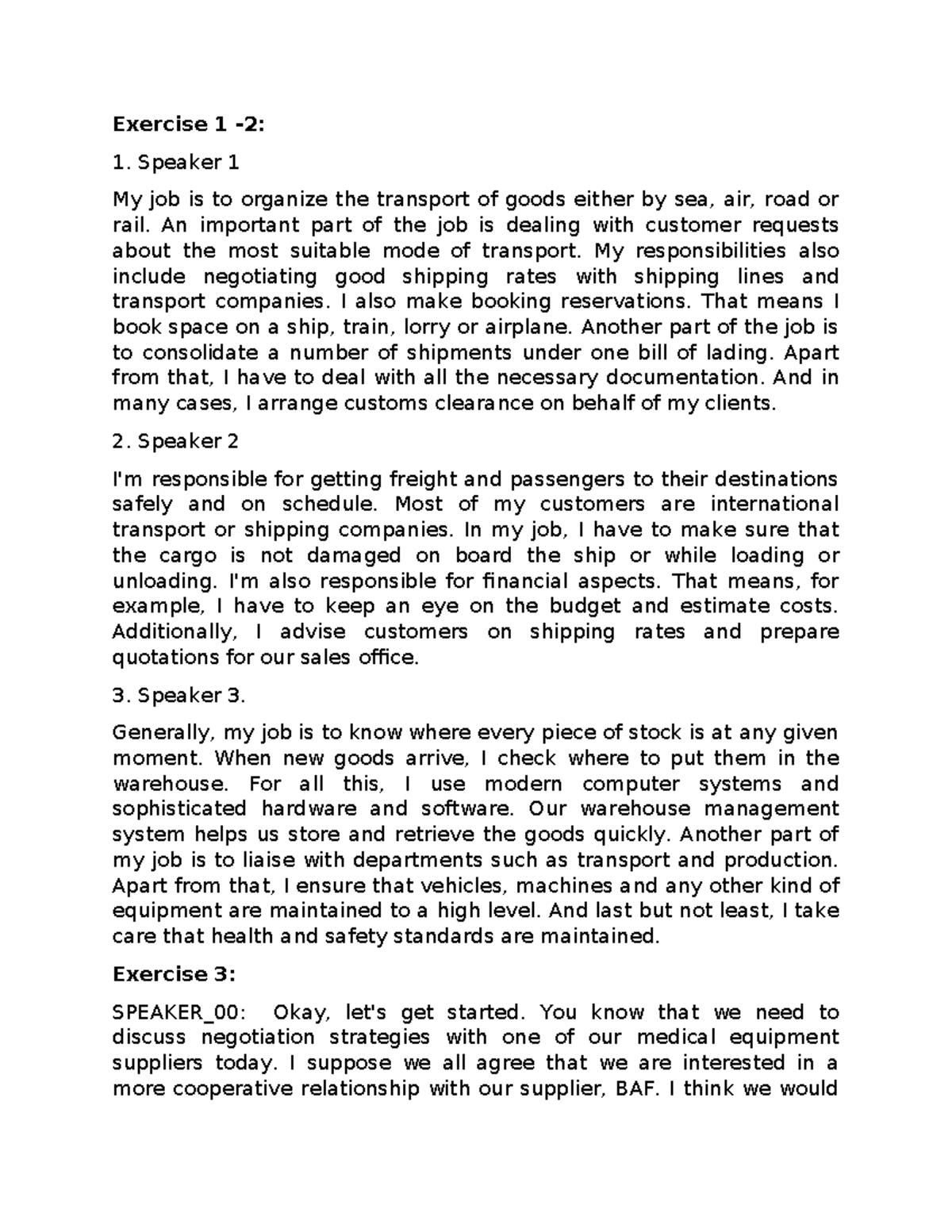 Unit 8 Transcript: Transport Job Roles and Negotiation Strategies - Studocu