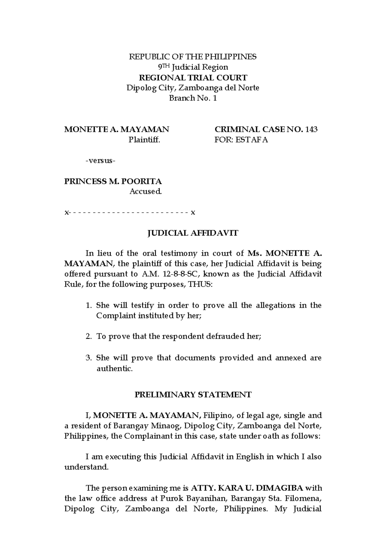 Legal Writing - Sample Judicial Affidavit for Criminal Case - Studocu