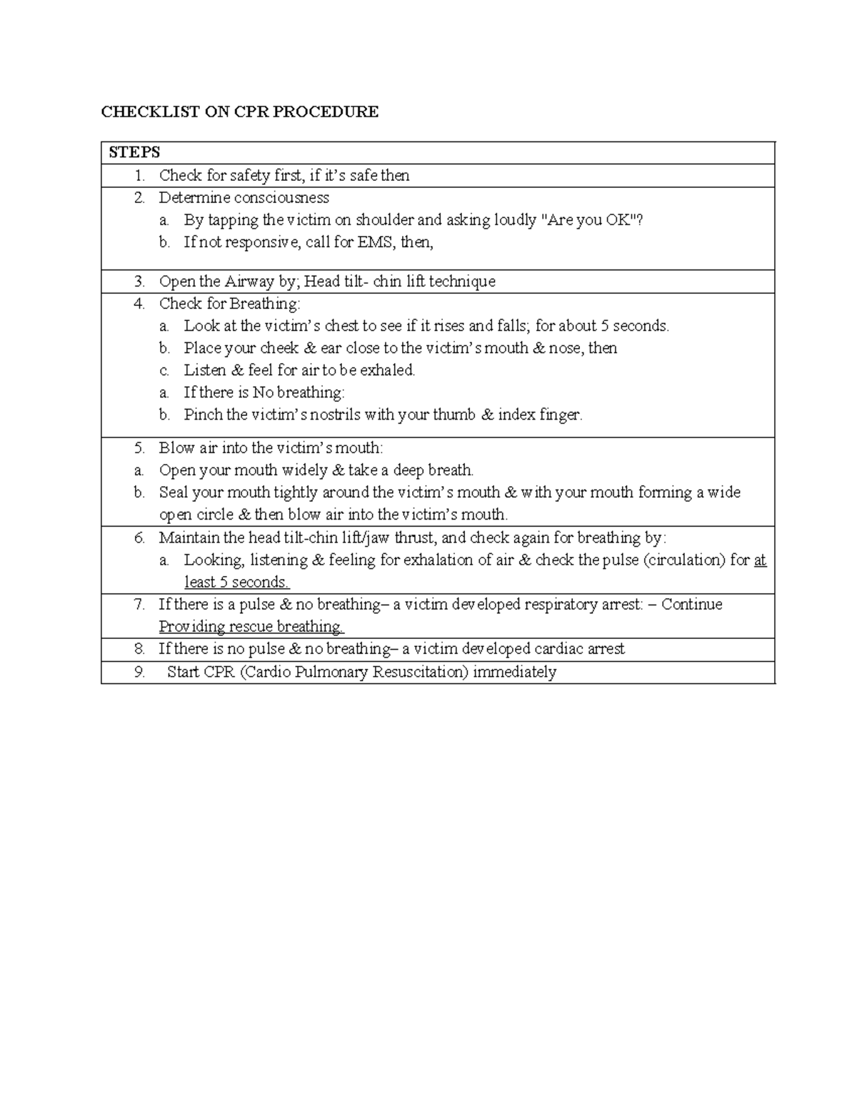 CPR Procedure Checklist: Essential Steps for Emergency Response - Studocu